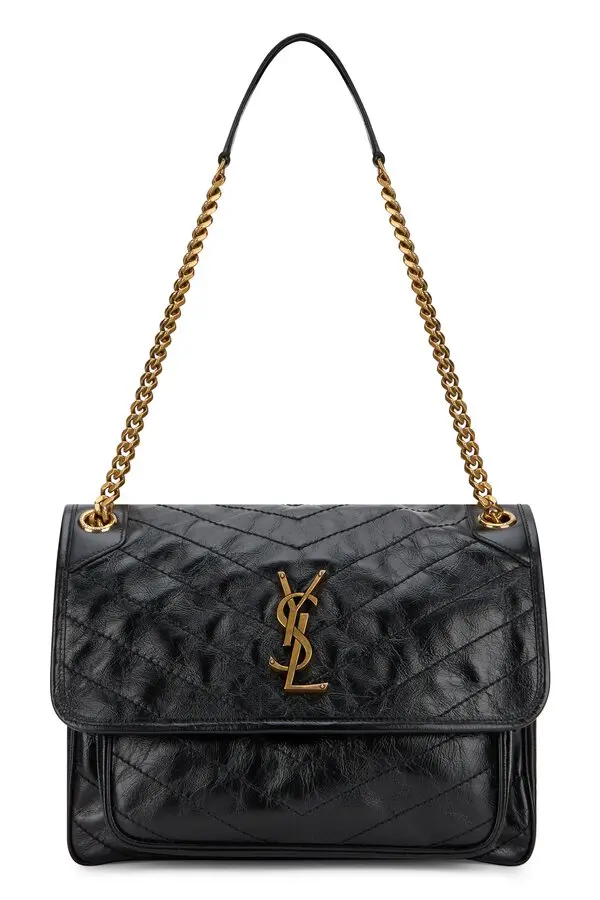 Saint Laurent Medium Quilted Leather Flap Shoulder Bag With Gold Tone Logo - Black