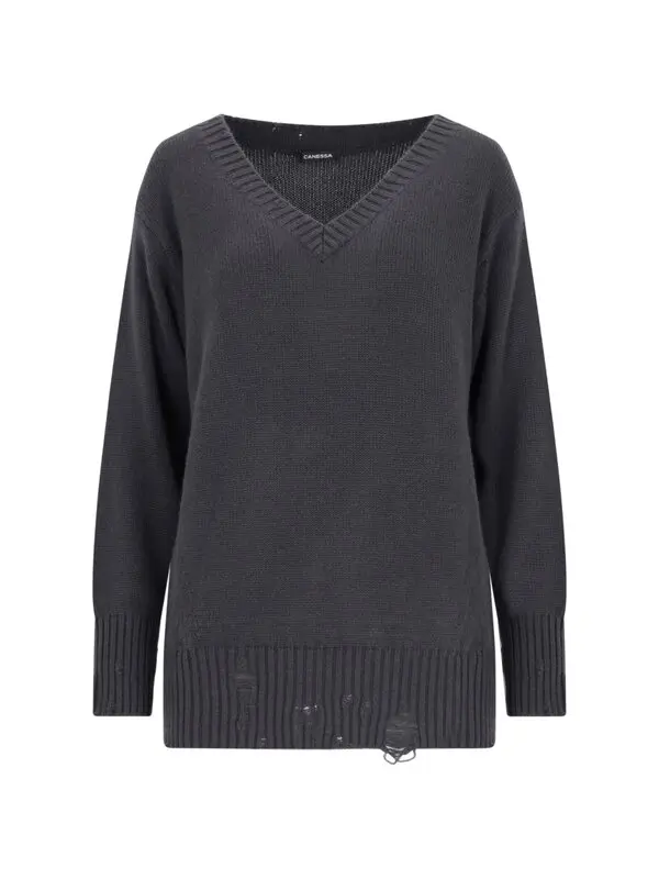 CANESSA Distressed V-neck Oversized Sweater