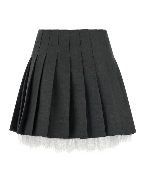 SELF-PORTRAIT Pleated Mini Skirt With Lace Hem - Wool - Grey