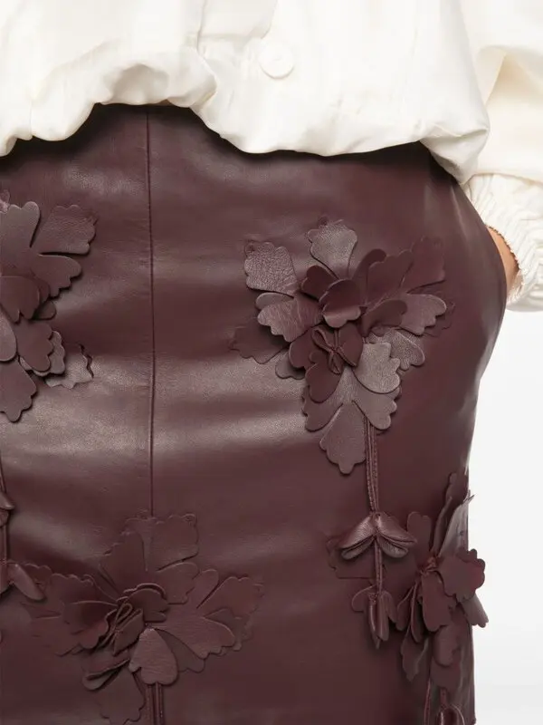 Alberta Ferretti Faux Leather Mini Skirt With Floral Appliqués - Brown