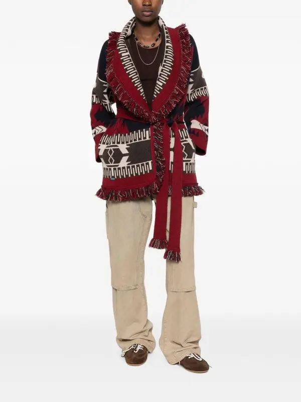 Alanui Icon Cashmere Cardigan With Geometric Pattern And Fringe Trim