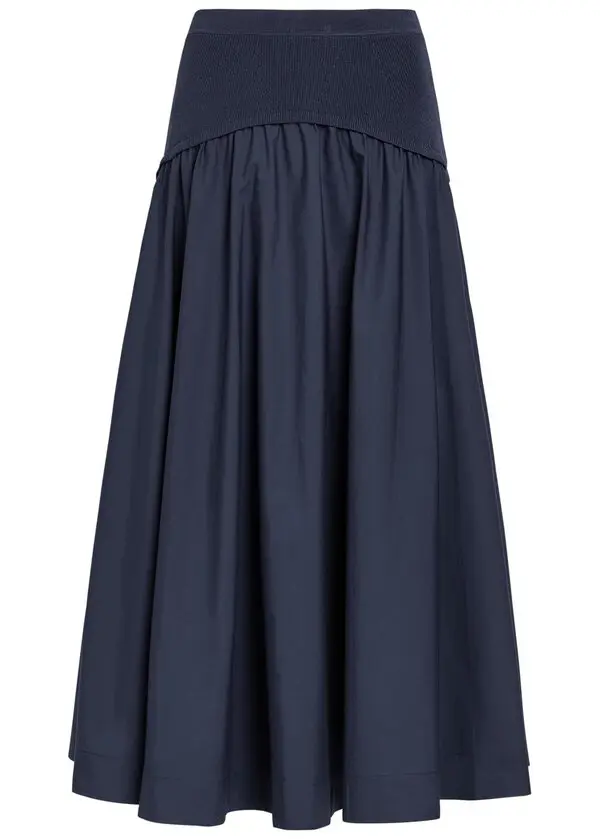 Simkhai Ovie Knit-waist Cotton-poplin Midi Skirt - Navy