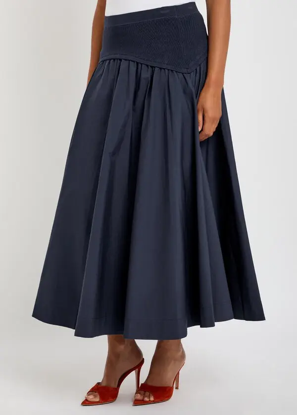 Simkhai Ovie Knit-waist Cotton-poplin Midi Skirt - Navy