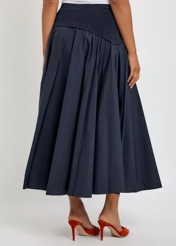 Simkhai Ovie Knit-waist Cotton-poplin Midi Skirt - Navy