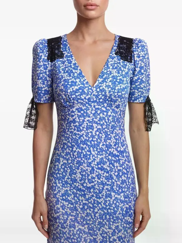 POST MERIDIEM Floral Print Lace Trim Midi Dress