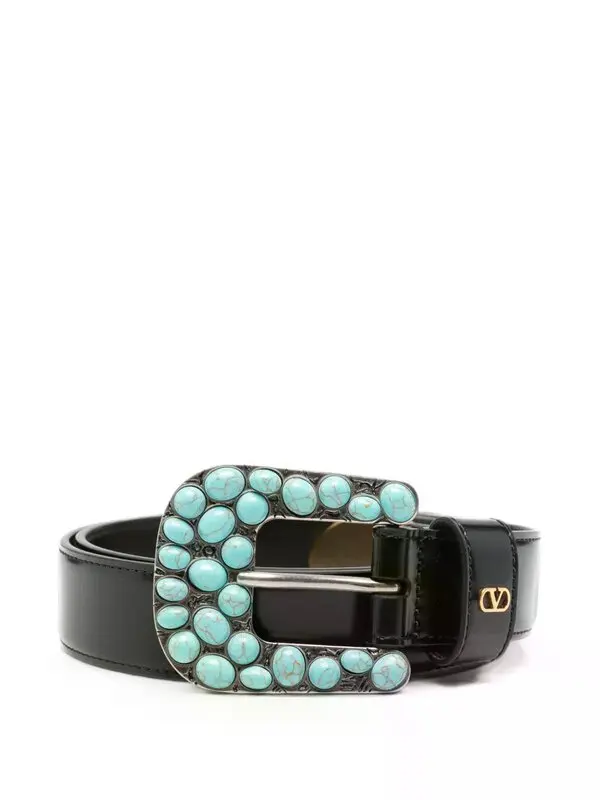 Valentino Garavani Turquoise-embellished Vlogo Belt - Black