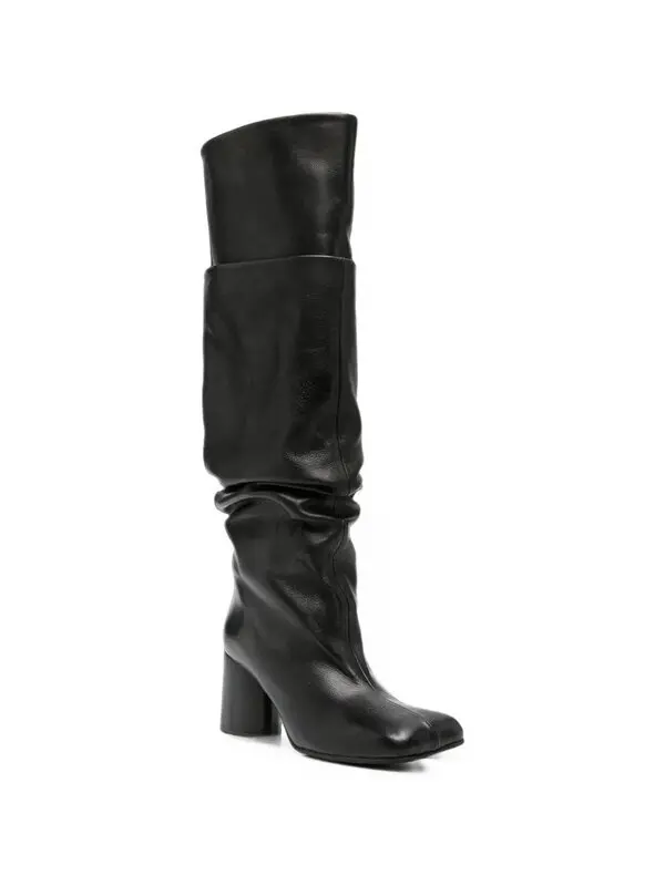 POEVE Leather Slouchy Square Toe Block Heel Boots