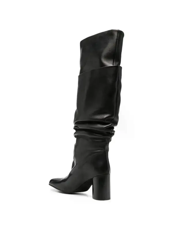 POEVE Leather Slouchy Square Toe Block Heel Boots