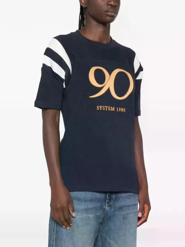 SYSTEM Logo-print Striped-sleeve T-shirt