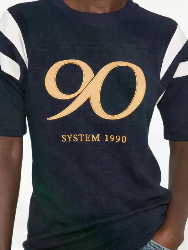 SYSTEM Logo-print Striped-sleeve T-shirt