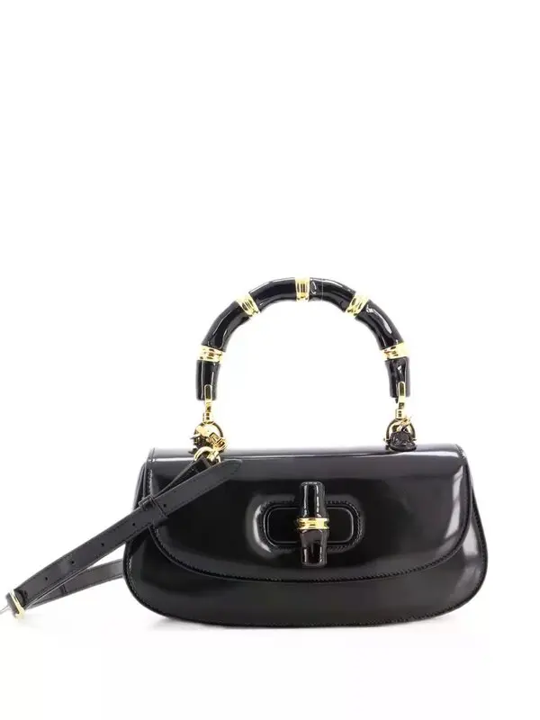 Gucci Bamboo Diva Top Handle Bag Polished Leather Medium Satchel - Black