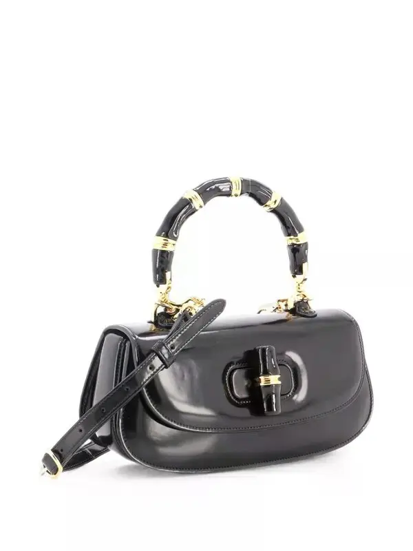 Gucci Bamboo Diva Top Handle Bag Polished Leather Medium Satchel - Black