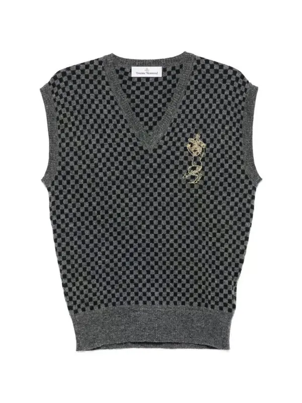 VIVIENNE WESTWOOD Checkerboard Knit Orb-embroidered Sleeveless Sweater - Grey