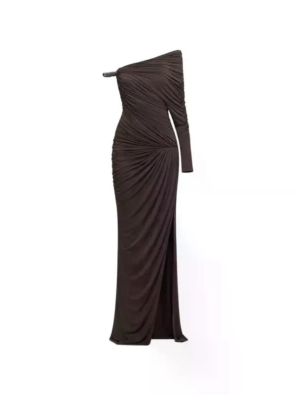 CHATS BY C.DAM Asymmetrical Ruched Maxi Dress With Metallic Hardware - Brown