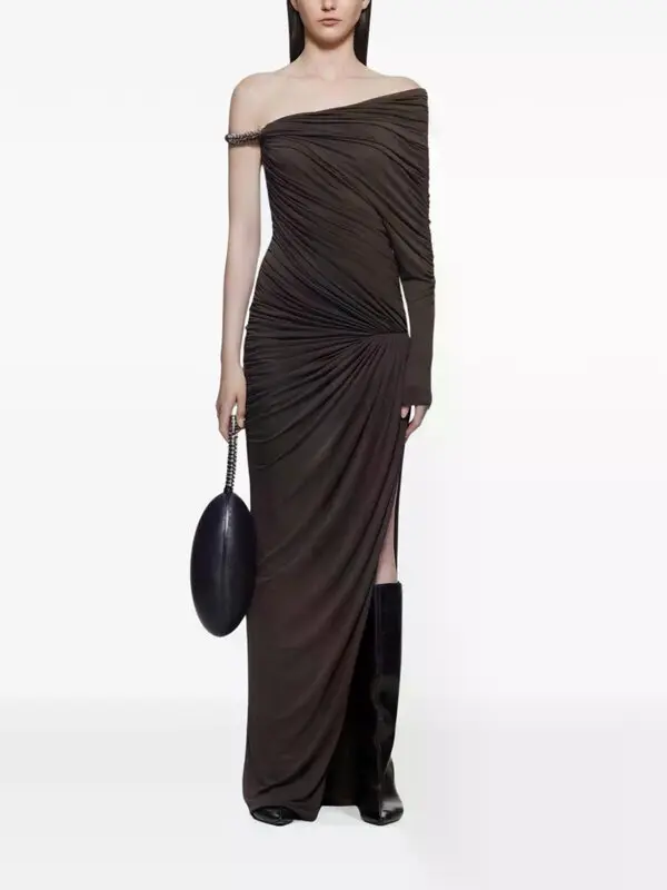 CHATS BY C.DAM Asymmetrical Ruched Maxi Dress With Metallic Hardware