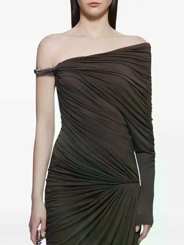 CHATS BY C.DAM Asymmetrical Ruched Maxi Dress With Metallic Hardware