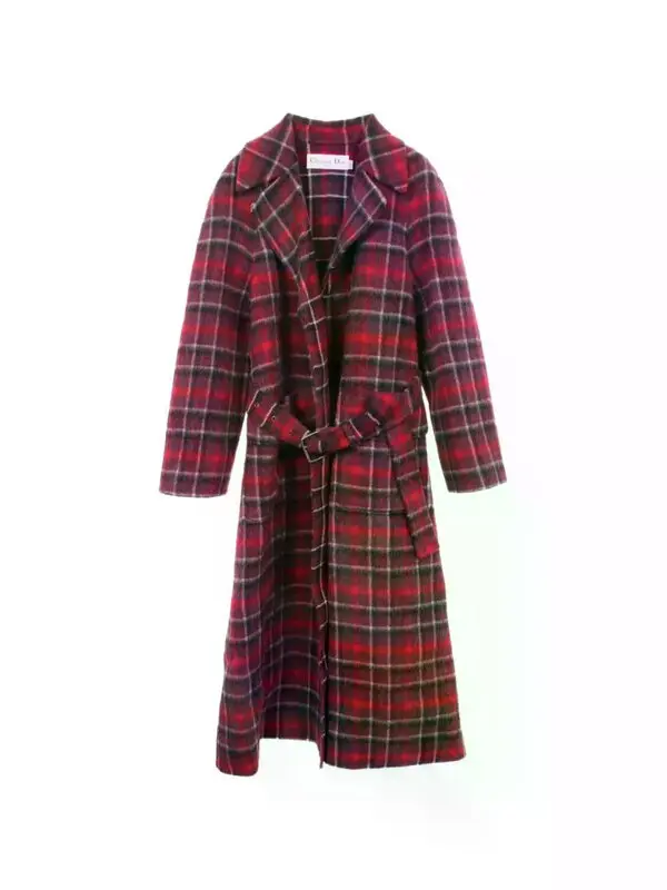 Dior Checked Belted Wool Coat - Red