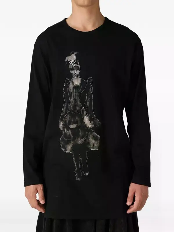Yohji Yamamoto Graphic-print Button-slit Long-sleeved T-shirt