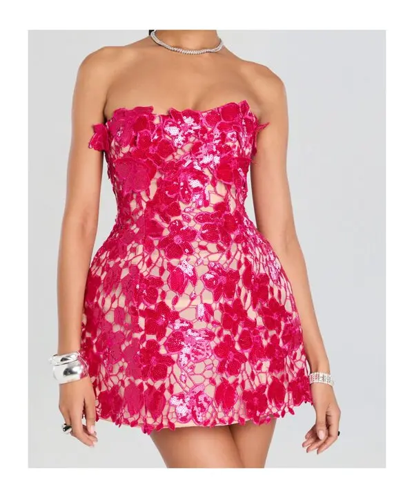 Retrofete Strapless Sequin Lace Mini Dress