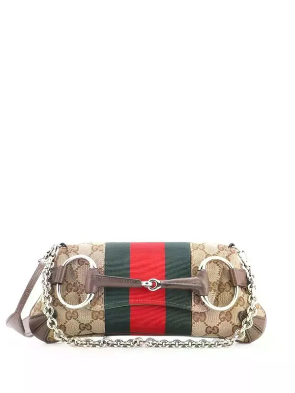 Gucci Horsebit Nm Web Chain Clutch Gg Canvas Small Shoulder Bag - Brown