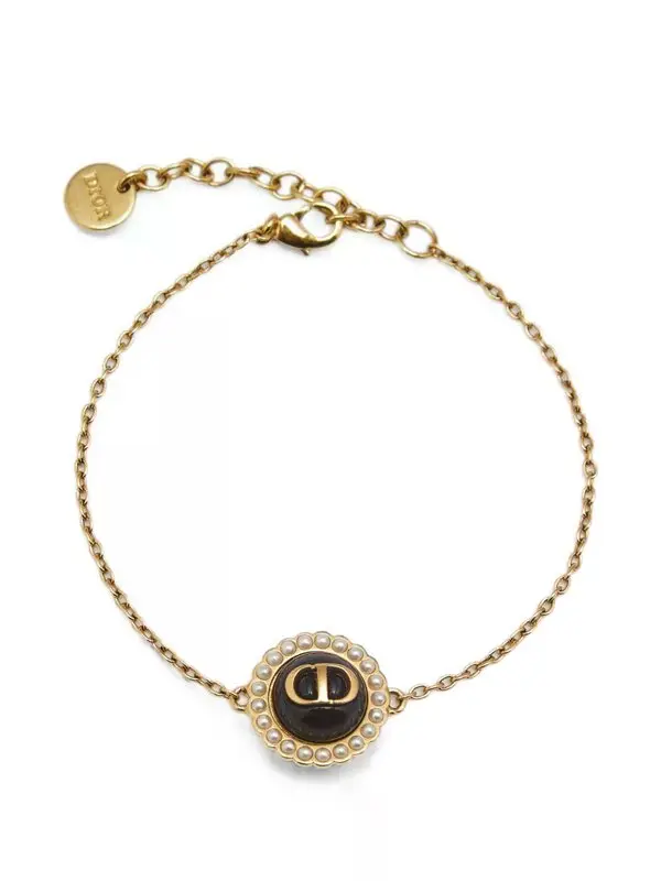 Dior Tone Faux Pearl Embellished Logo Charm Bracelet