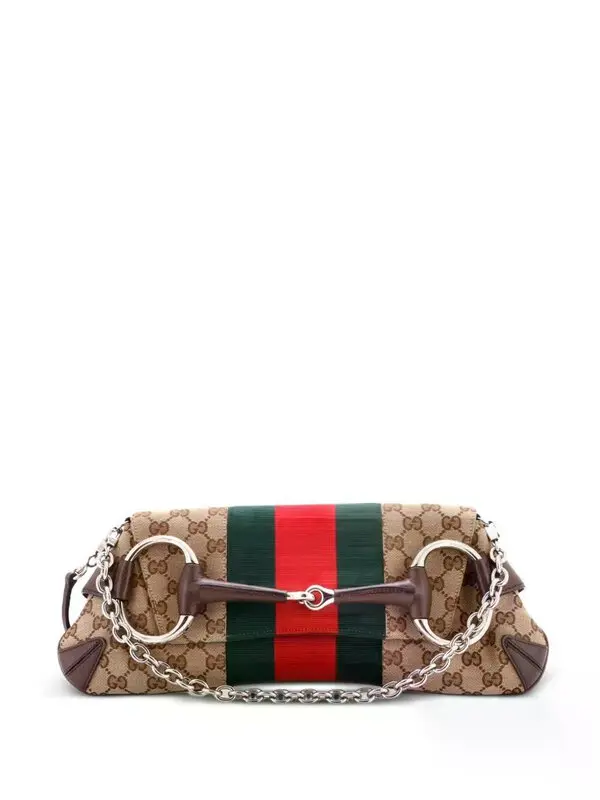 Gucci Horsebit Nm Web Chain Clutch Gg Canvas Medium Shoulder Bag - Brown