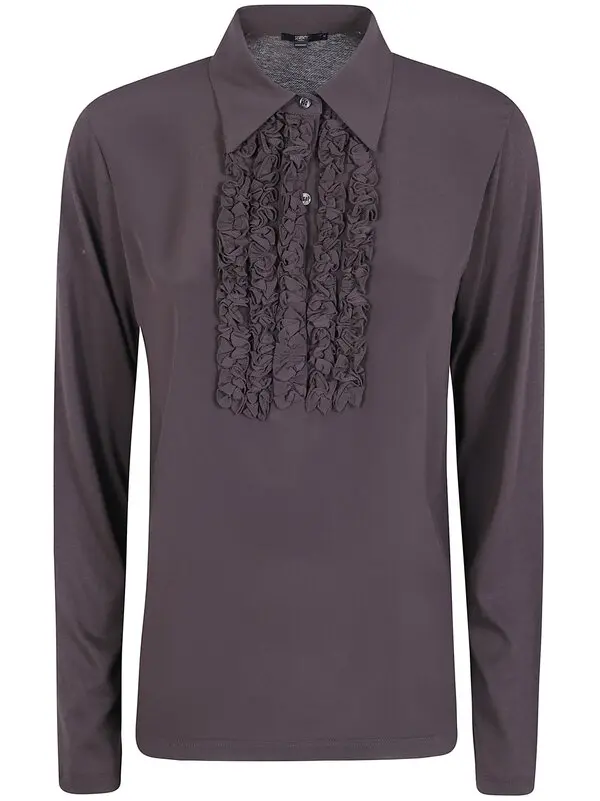 Seventy Ruffled Front Polo Sweater - Brown