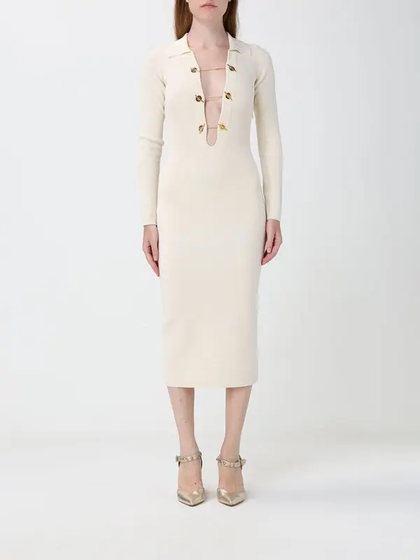 Elisabetta Franchi Slim-fit Midi Sheath Dress With V-neck And Chain Detail