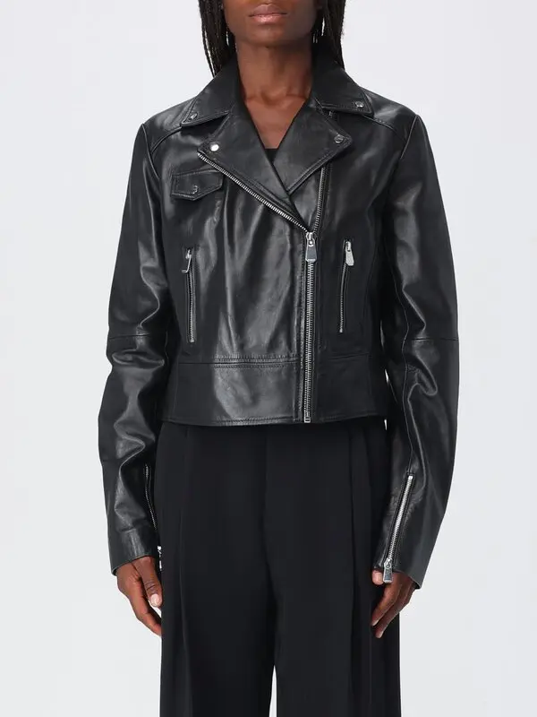 Pinko Cropped Lamb Nappa Biker Jacket With Asymmetric Zip - Black