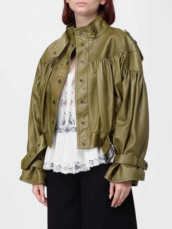 Chloé Cropped Lambskin Leather Jacket With Shoulder Epaulettes - Sage