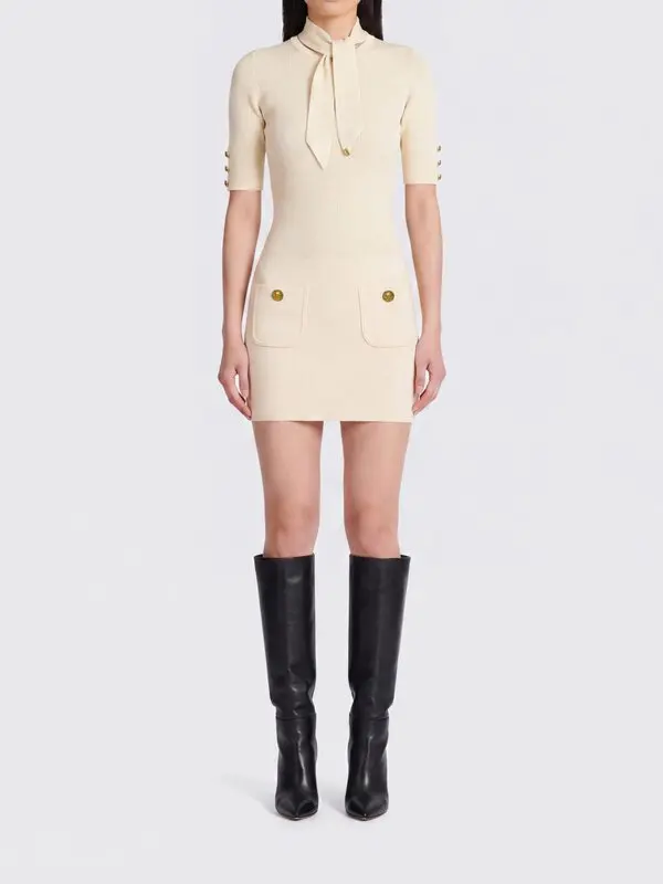 Elisabetta Franchi Knit Mini Dress With Pussy-bow Collar And Pockets - White