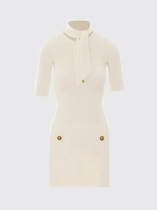 Elisabetta Franchi Knit Mini Dress With Pussy-bow Collar And Pockets - White