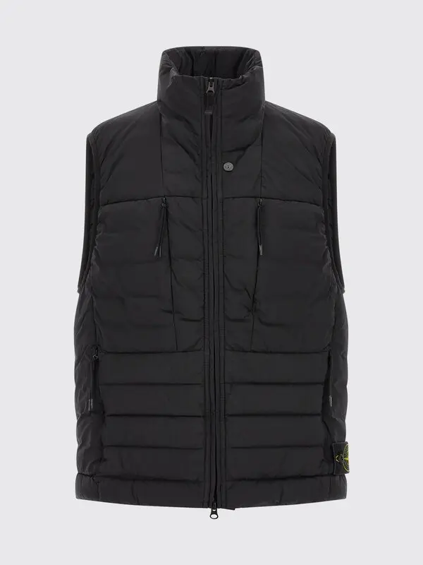 Stone Island Quilted Nylon Vest With Funnel Neck And Compass Logo - Black