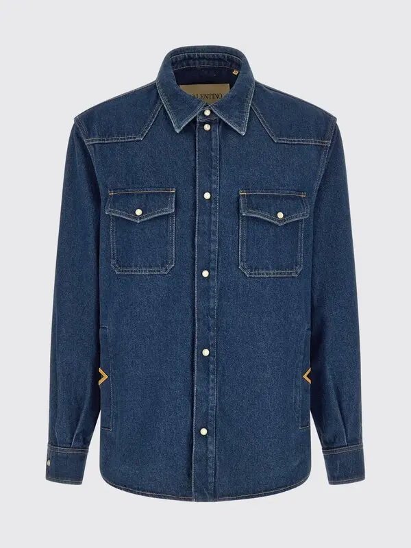 Valentino Garavani Slim Fit Cotton Denim Shirt With Metallic Logo