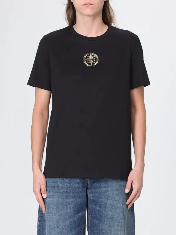 Elisabetta Franchi Cotton T-shirt With Applied Metallic Logo - Black