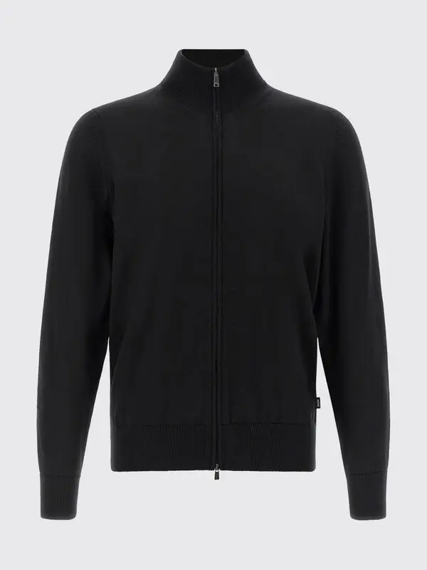 BOSS Slim Fit Virgin Wool Zip-up Turtleneck Cardigan - Black