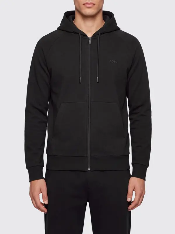 BOSS Tonal Logo Zip-up Cotton Hoodie - Black