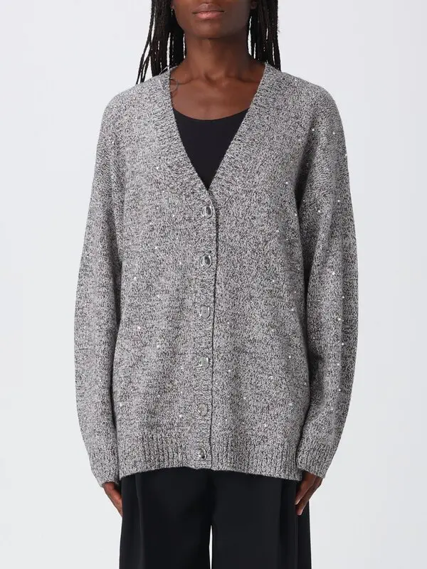 Pinko V-neck Wool Blend Cardigan With Rhinestone Embellishments - White