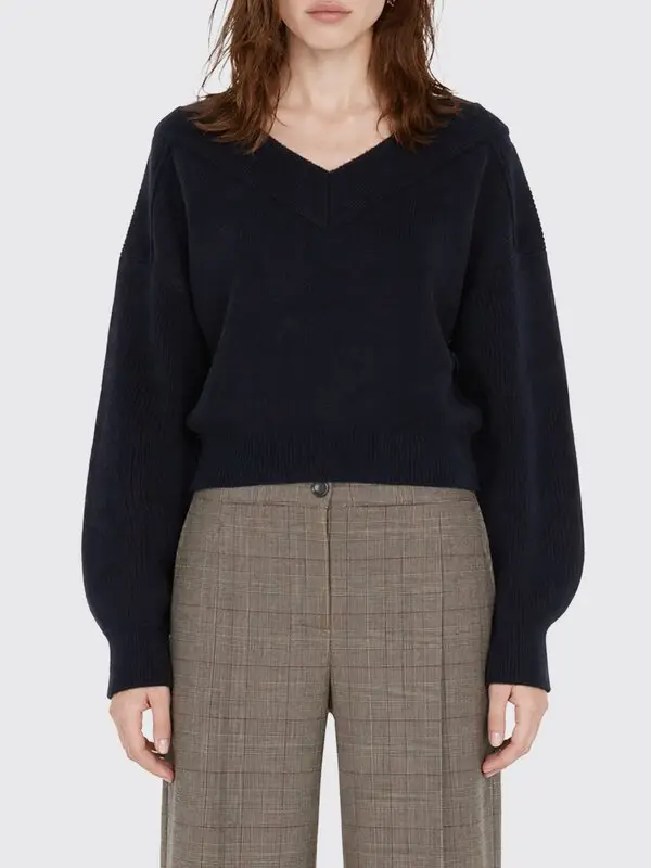 Pinko V-neck Pure Wool Jumper With Dropped Shoulders And Ribbed Trims - Blue