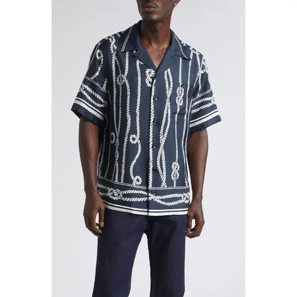 Dolce & Gabbana Marina Rope Print Washed Silk Twill Camp Shirt - Corde F.blu Navy