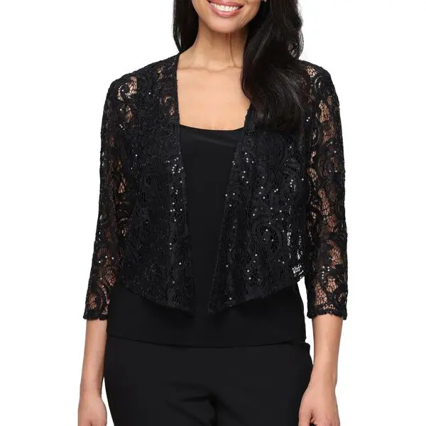 Alex Evenings Three-quarter Sleeve Stretch Sequin Lace Cover-up Jacket - Black