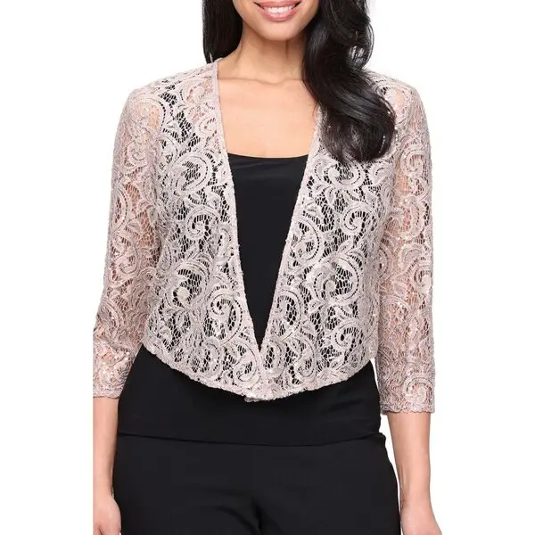 Alex Evenings Three-quarter Sleeve Stretch Sequin Lace Cover-up Jacket - Buff