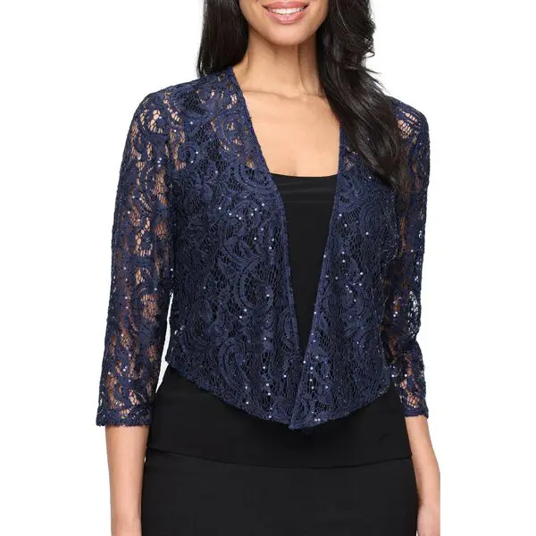 Alex Evenings Three-quarter Sleeve Stretch Sequin Lace Cover-up Jacket - Navy