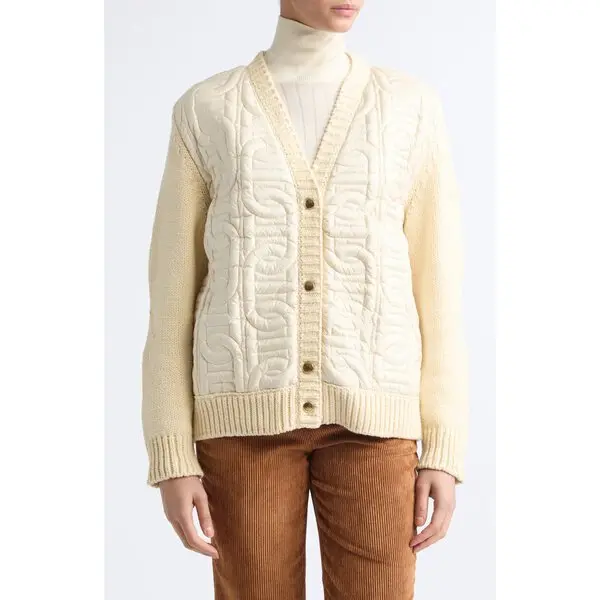 Moncler Mixed Media Chain Quilt Cotton Blend Cardigan - Beige