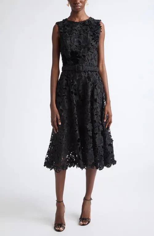 Oscar De La Renta Feather Scroll Guipure Lace Midi Dress - Black