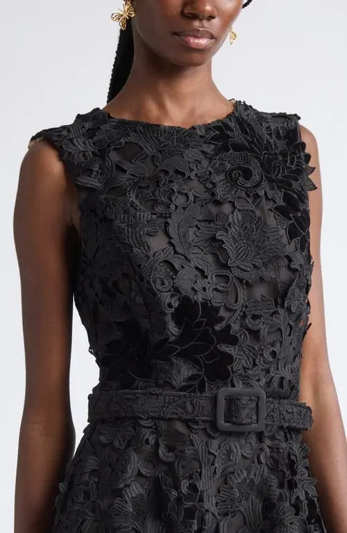 Oscar De La Renta Feather Scroll Guipure Lace Midi Dress