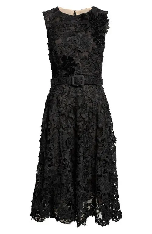 Oscar De La Renta Feather Scroll Guipure Lace Midi Dress