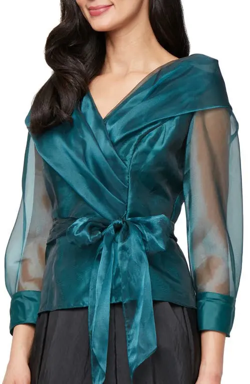 Alex Evenings Shawl Collar Organza Top - Emer Grn