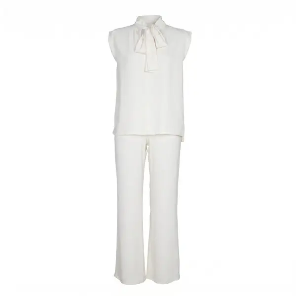 MODENAIRE Sleeveless Tie-neck Blouse And Wide-leg Pant Set - White