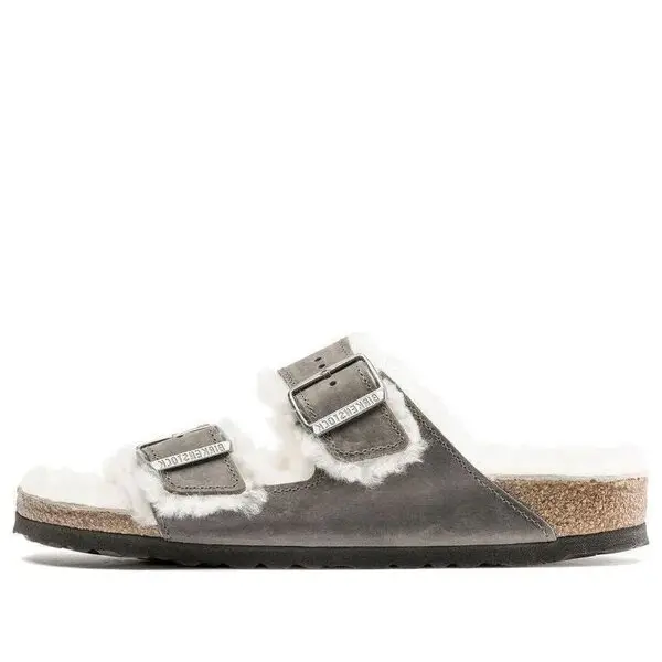 BIRKENSTOCK Arizona Shearling Waxy Leather Oiled Sandals - Grey